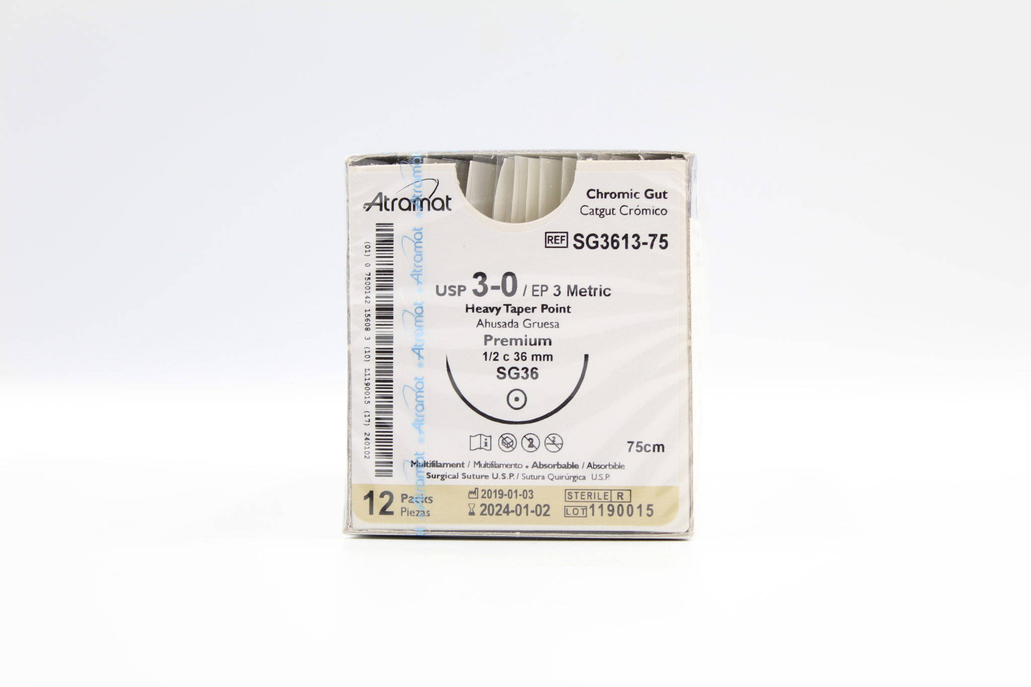 Sutura Catgut Cromico 3-0 aguja 36 mm ahusada gruesa, referencia SG3613 ...