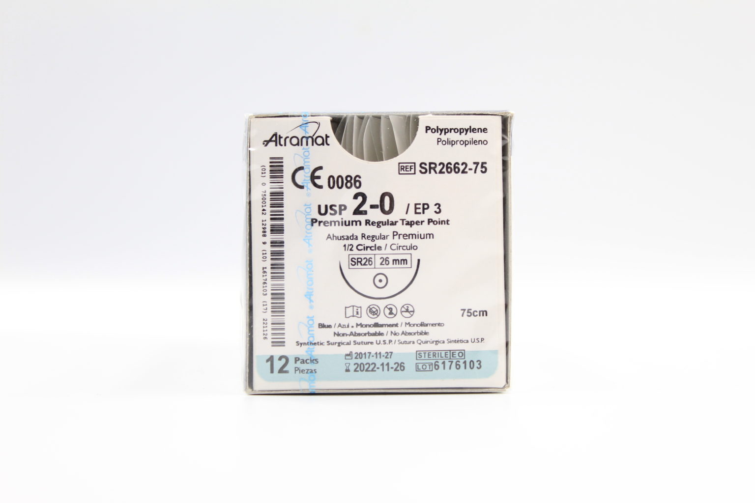 Sutura Polipropileno 2-0 aguja 26 mm ahusada regular, referencia SR2662-75, marca Atramat ...