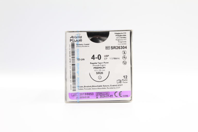 Sutura Vicryl 4-0, aguja 26 mm ahusada regular, referencia SR26304, marca Atramat – AlserMedica