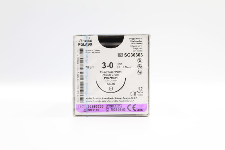 Sutura Vicryl 3-0 aguja 36 mm ahusada gruesa, referencia SG36303, marca Atramat – AlserMedica